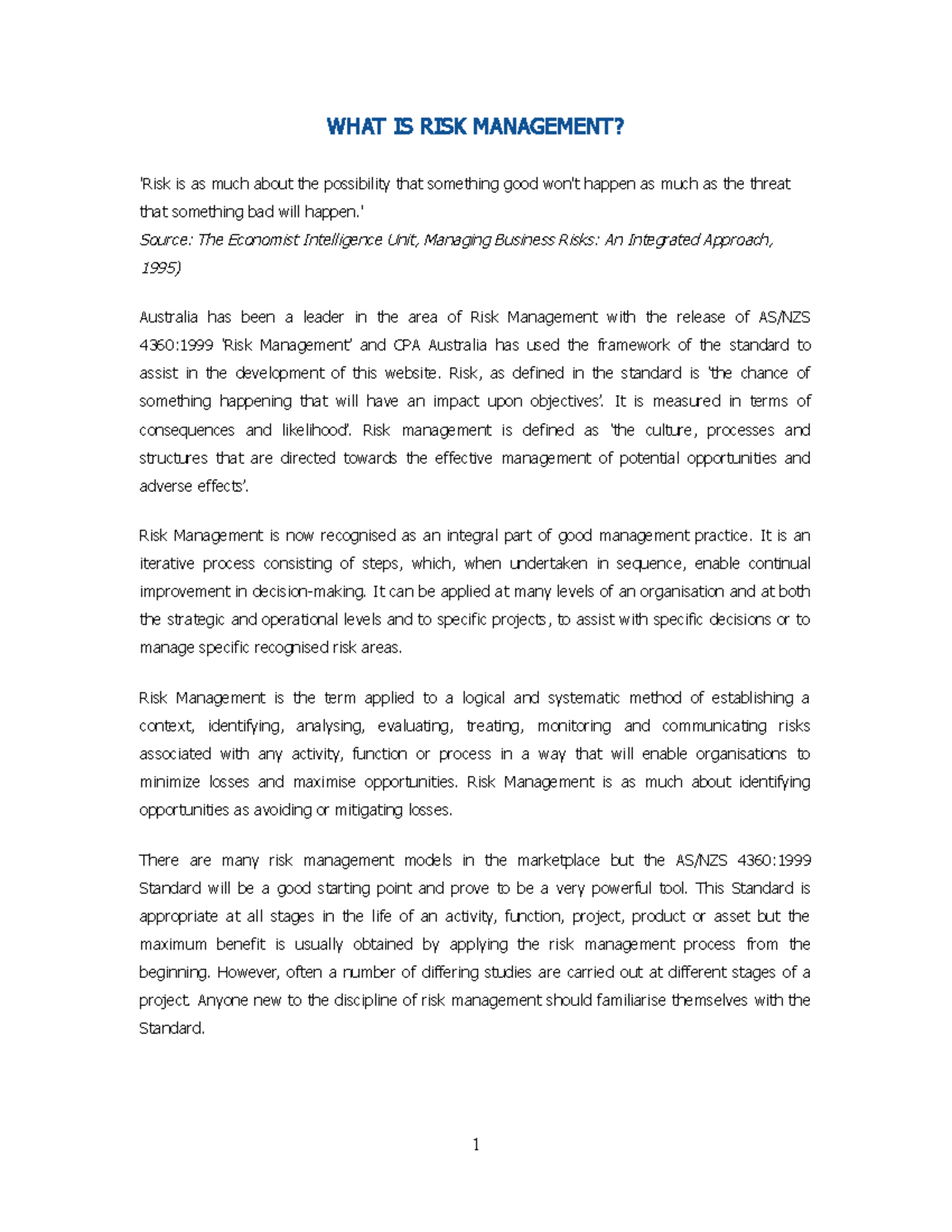 Enterprise RISK Management MAIN Reading Notes - WHAT IS RISK MANAGEMENT ...