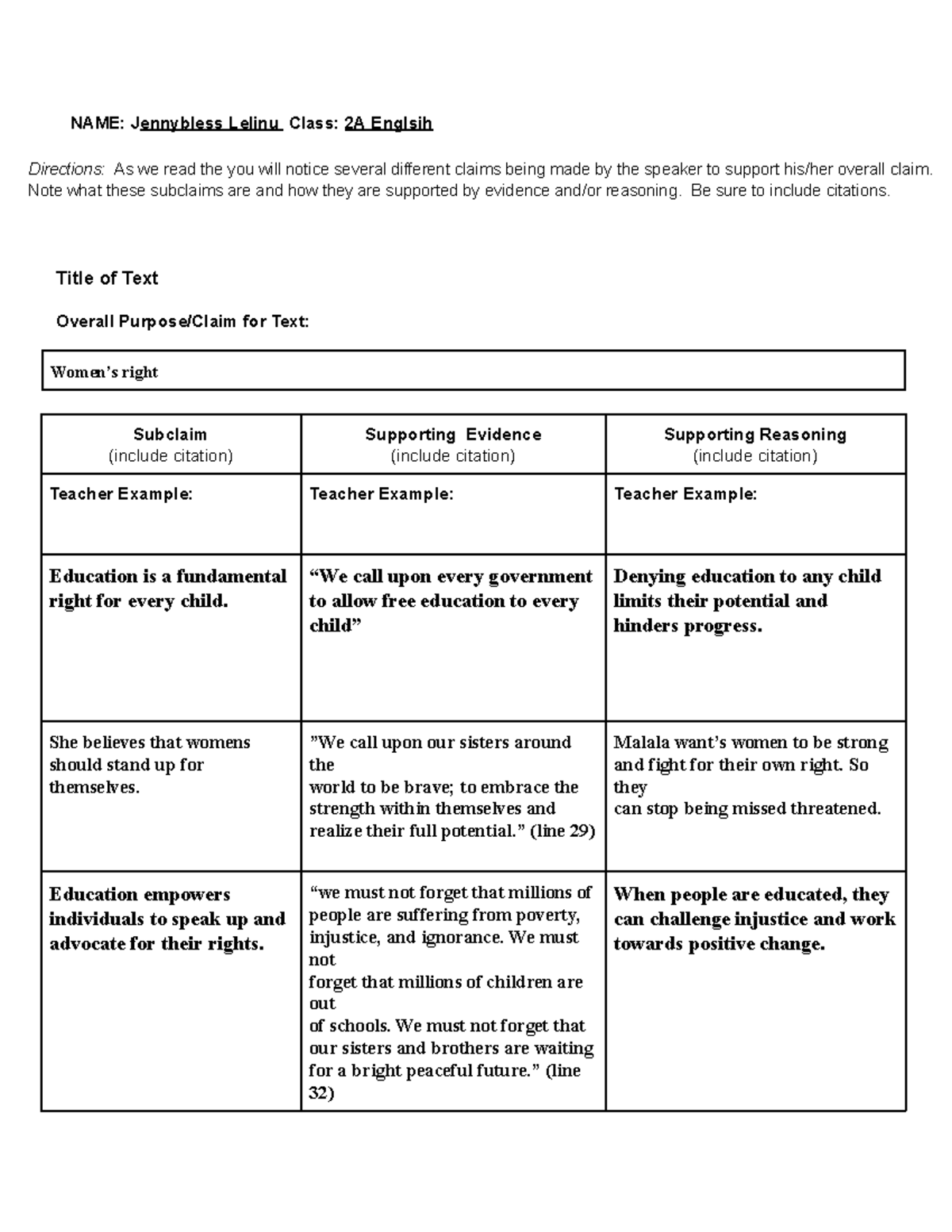 Copy of Chart for claim-evidence-reasoning - NAME: Jennybless Lelinu ...