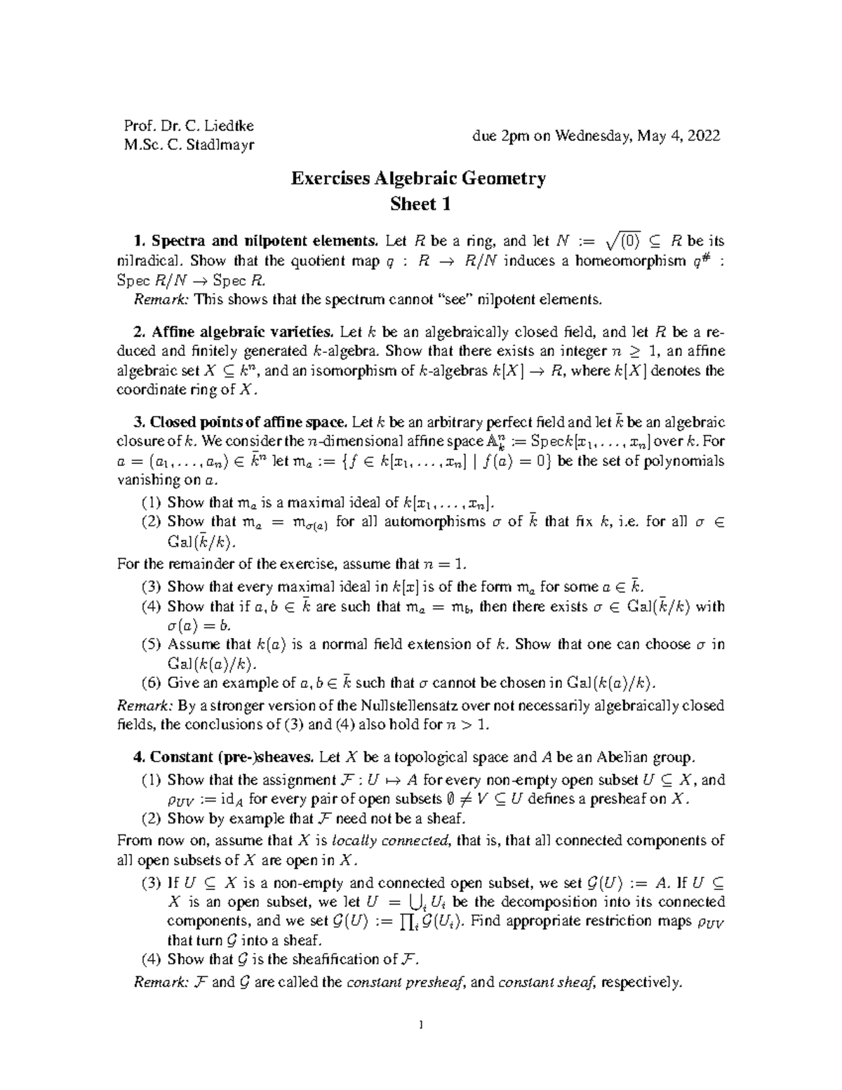 Sheet 1-corrected-Ex4 - Algebraic Geometry - TUM - Studocu