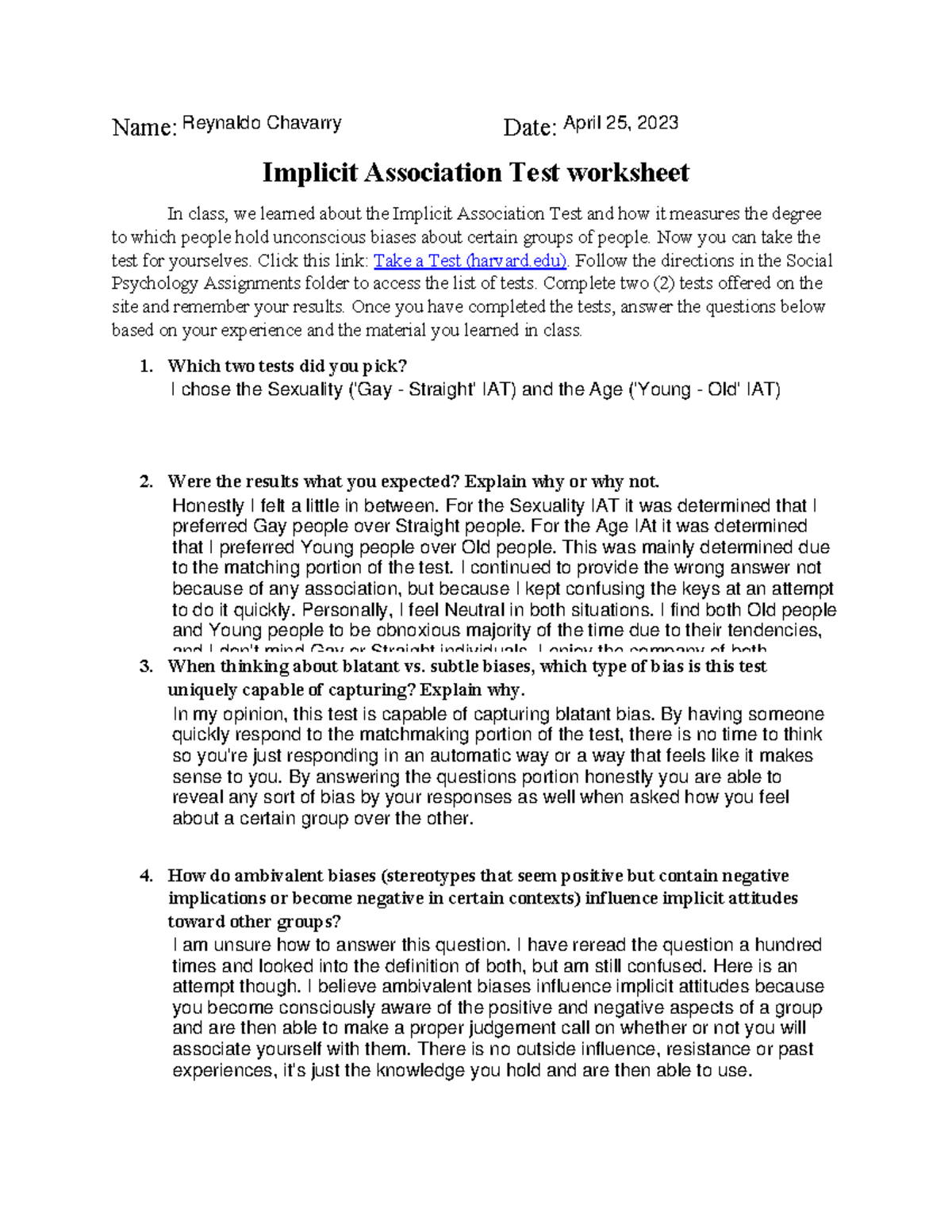 Implicit Association Test Worksheet - Name: Date: Implicit Association ...