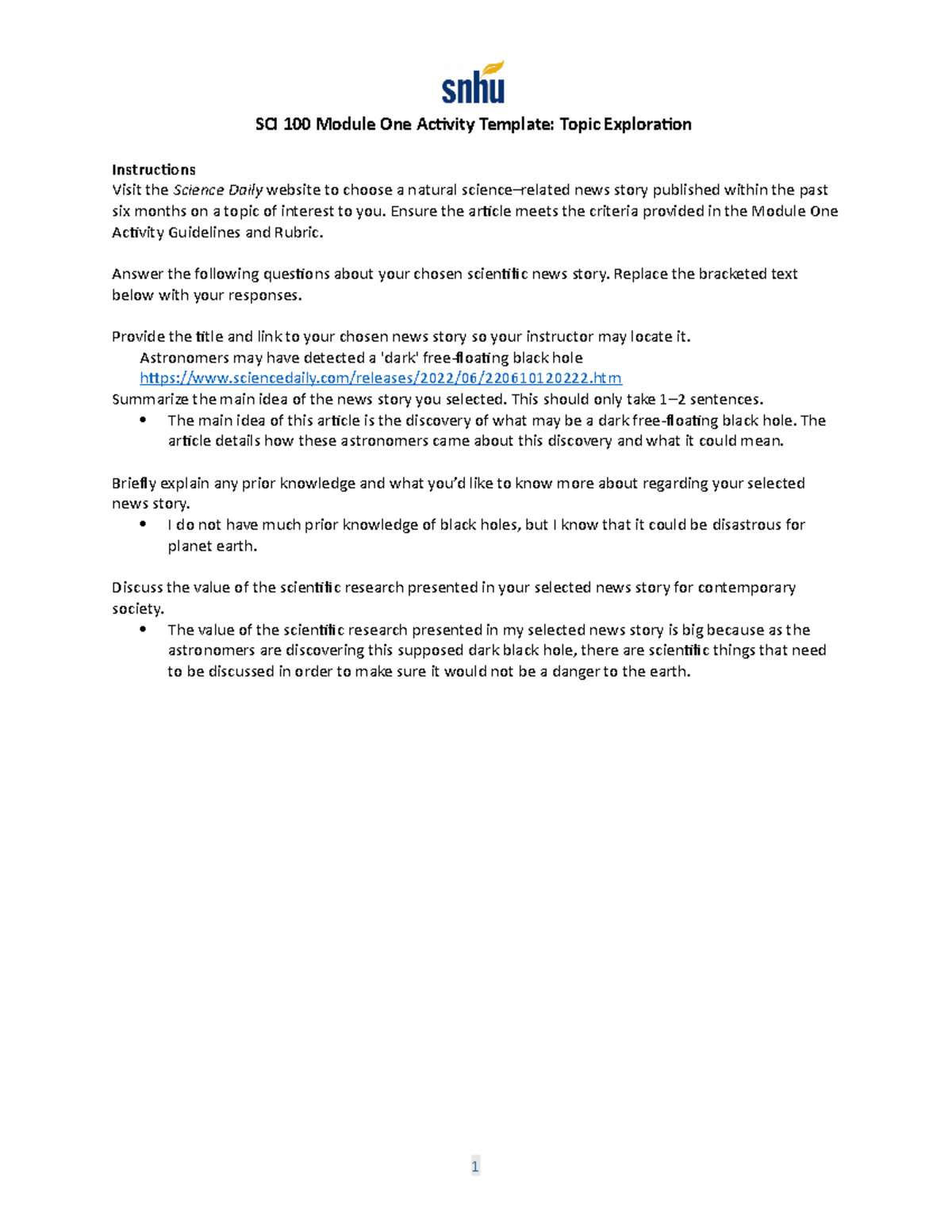 SCI 100 Module One Activity Template - Ensure the article meets the ...