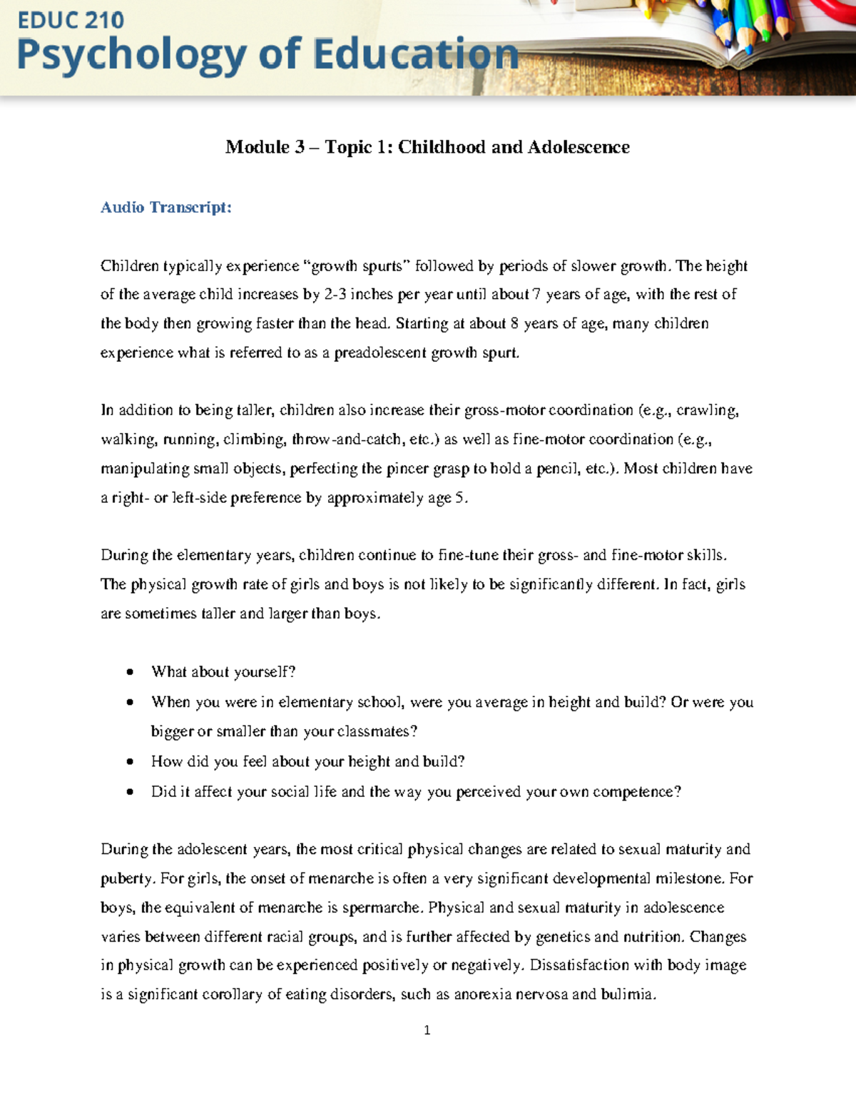 Module 3 - 1 Module 3 – Topic 1: Childhood and Adolescence Audio ...