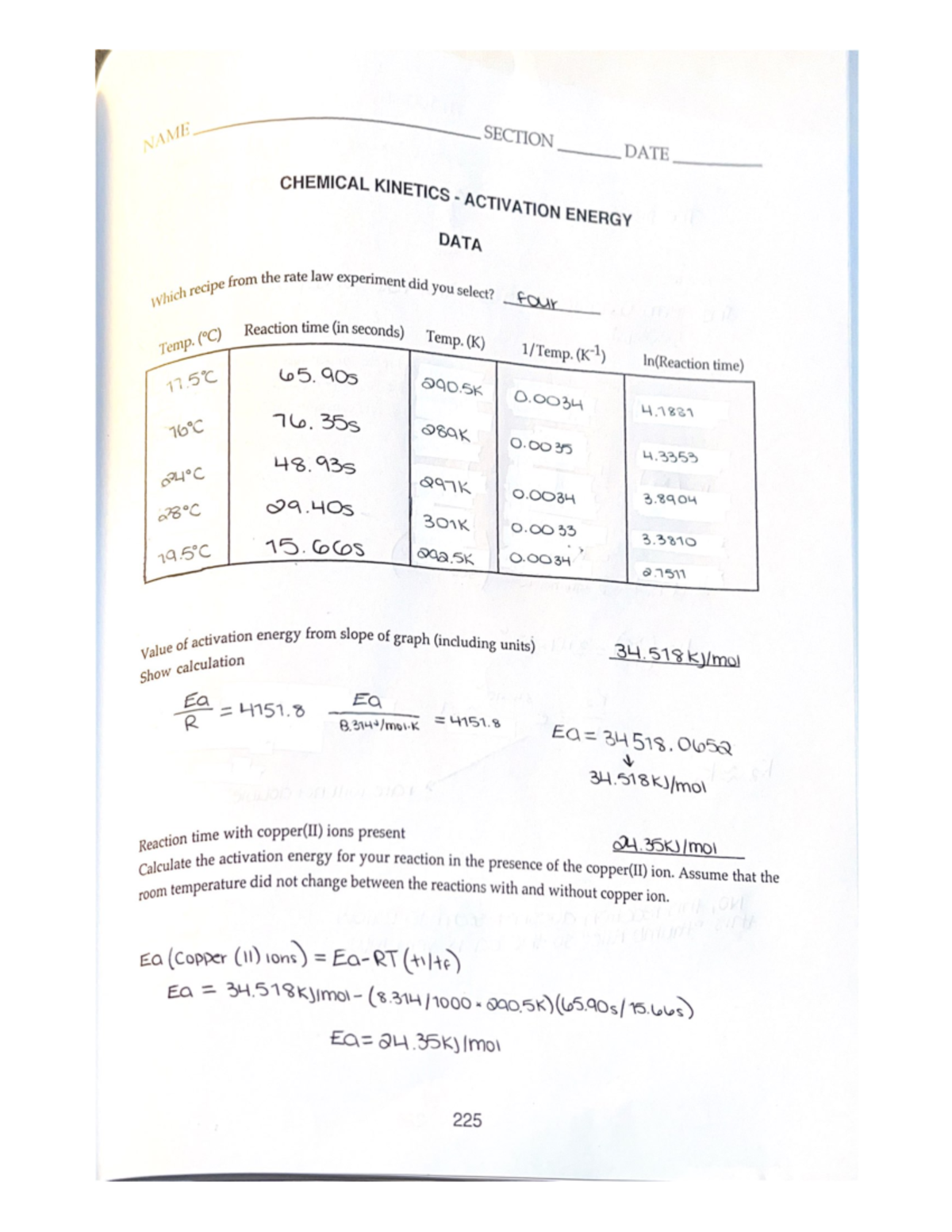 Chemical Kinetics - Activation Energy - NAME SECTION DATE CHEMICAL ...