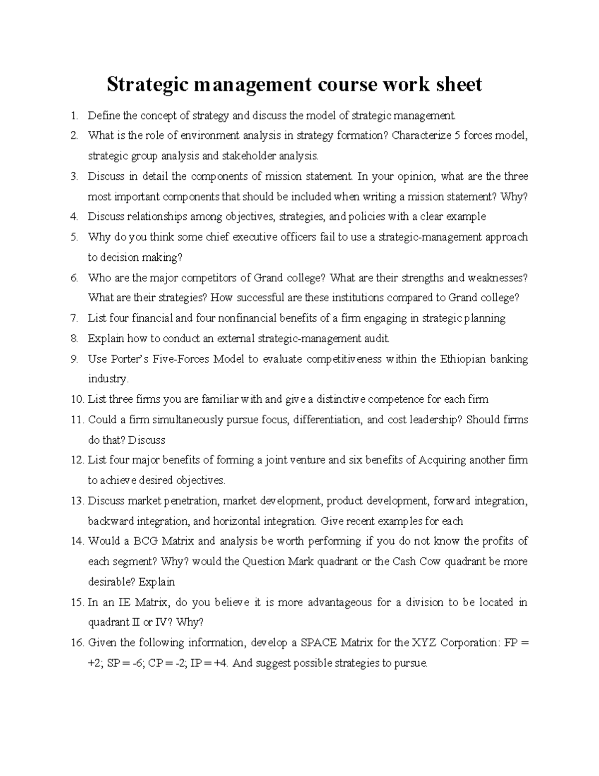 Strategic management course work sheet - Define the concept of strategy ...