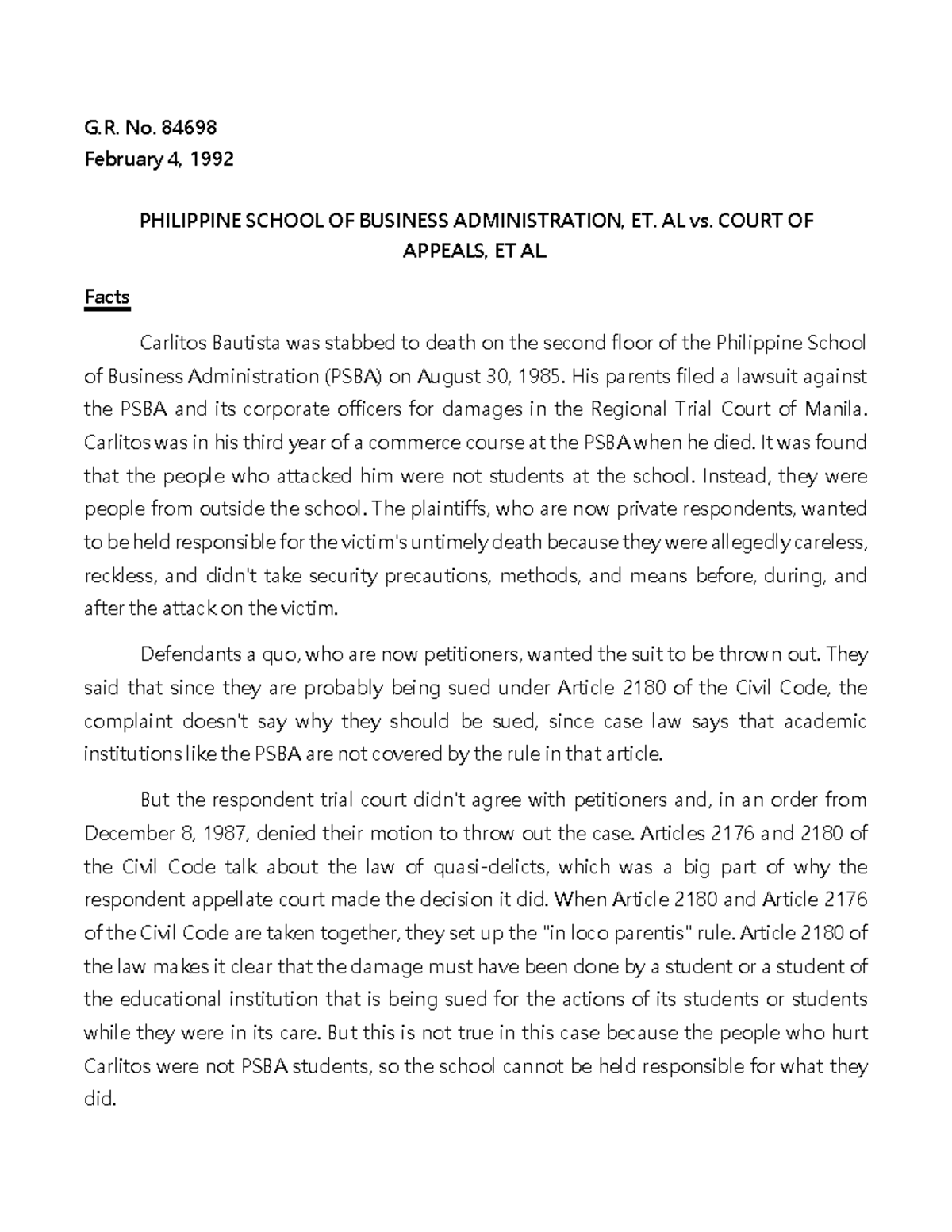 Case Digest Philippine School OF Business Administration, ET. AL vs ...