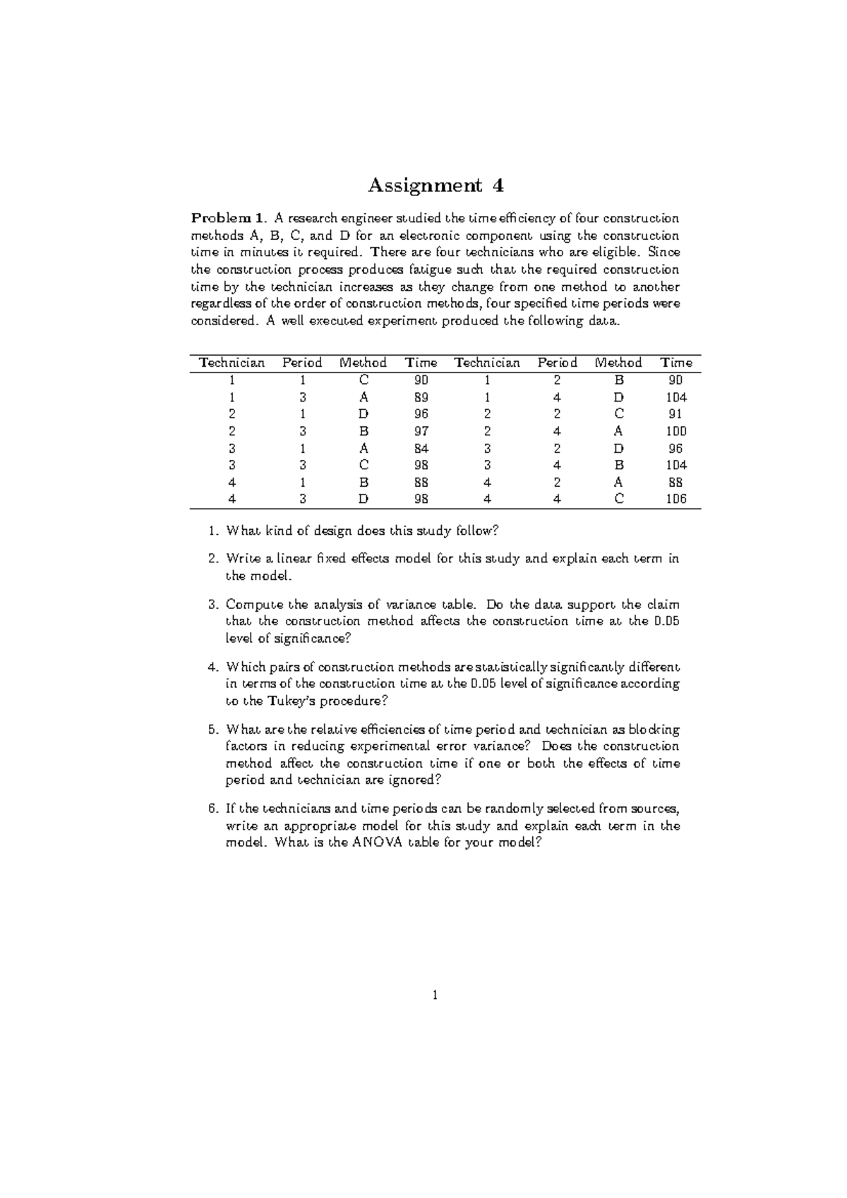 HW4, q + a - Homework assignment 4 - Assignment 4 Problem 1. A research engineer studied the ...