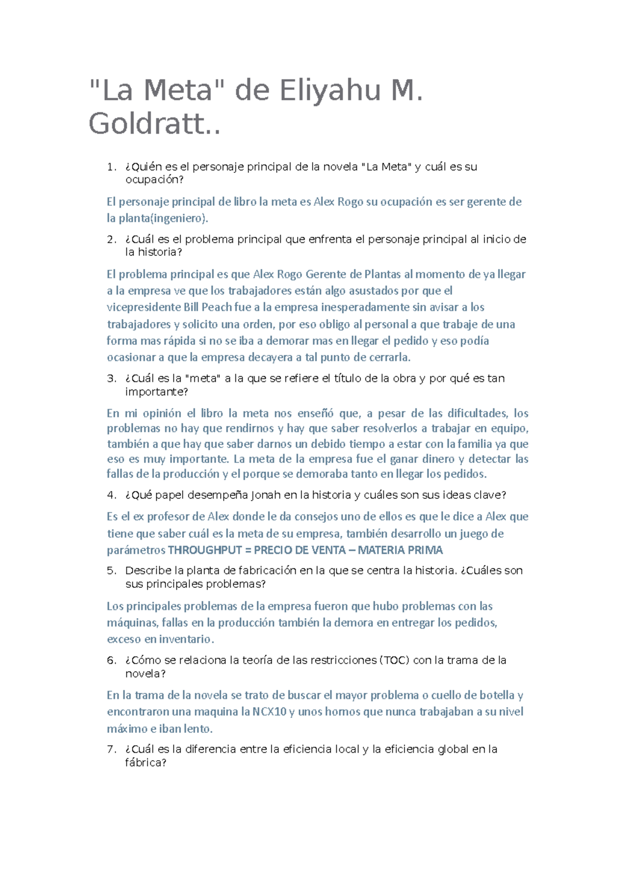 La Meta Preguntas gestion - "La Meta" de Eliyahu M. Goldratt.. 1 ...