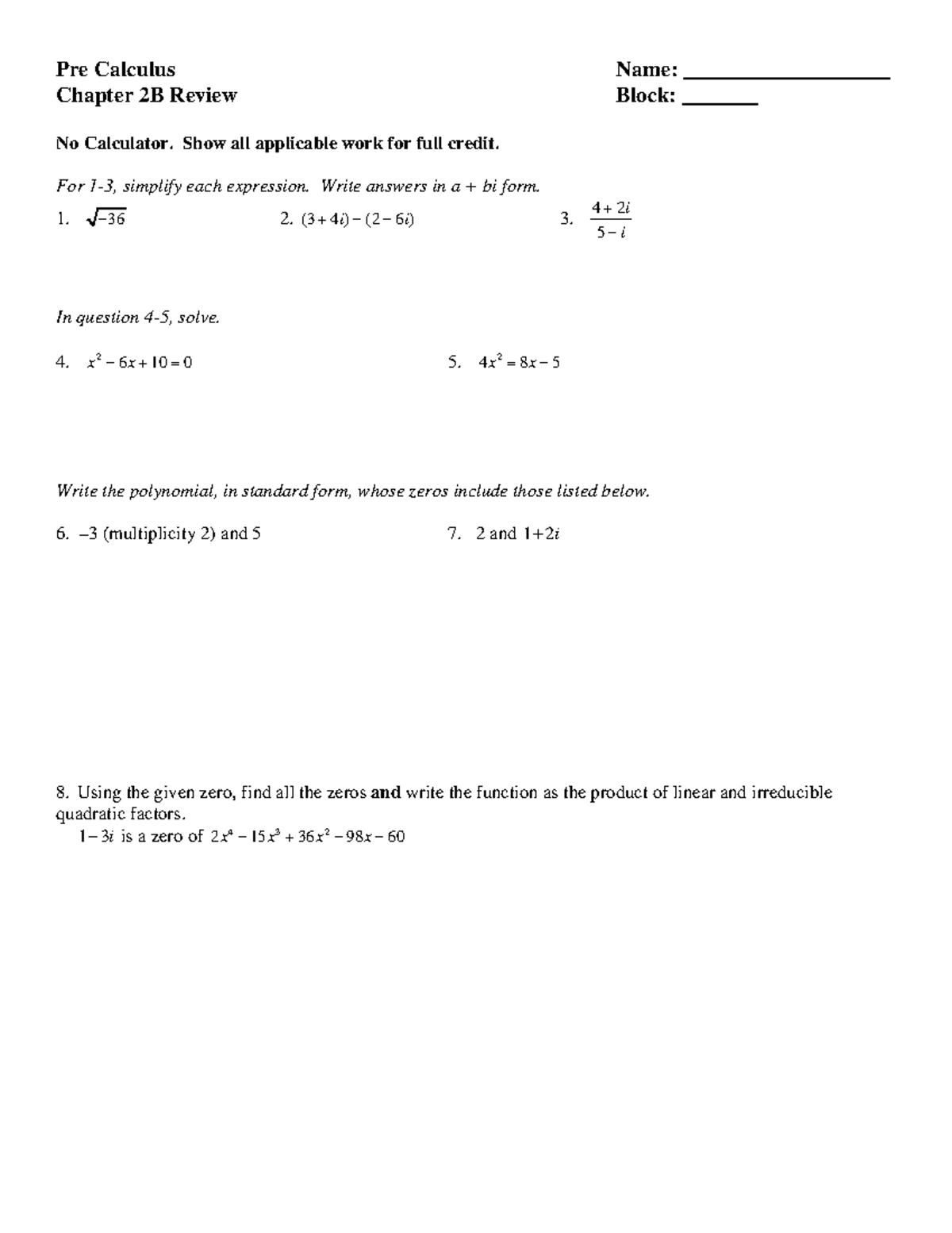 Precalc - Chapter 2B Review - Pre Calculus Name ...