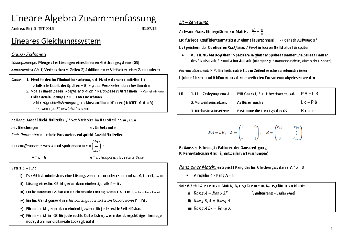 Lin Alg Zusammenfassung - Lineare Algebra Zusammenfassung Andreas Biri ...