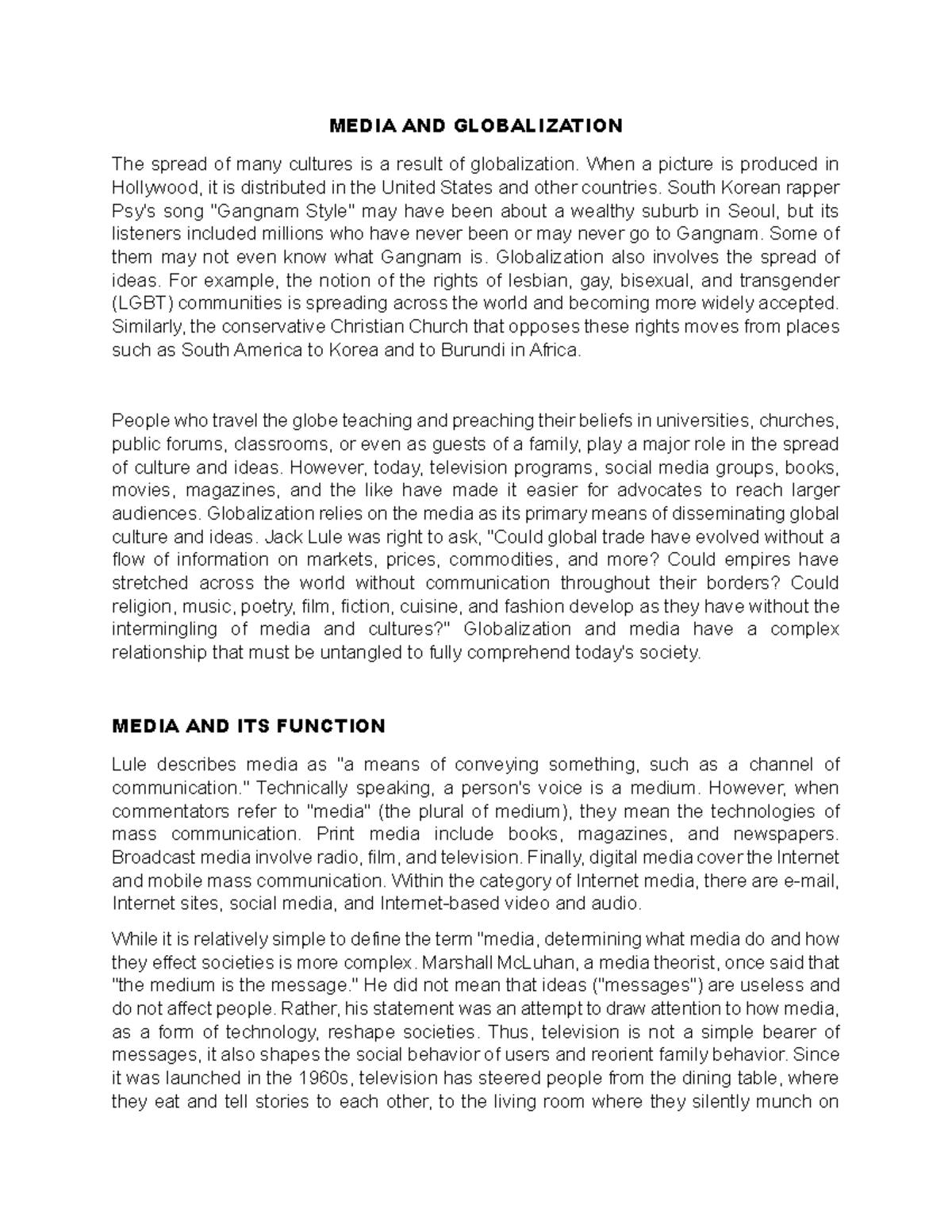 Media AND Globalization - MEDIA AND GLOBALIZATION The spread of many ...