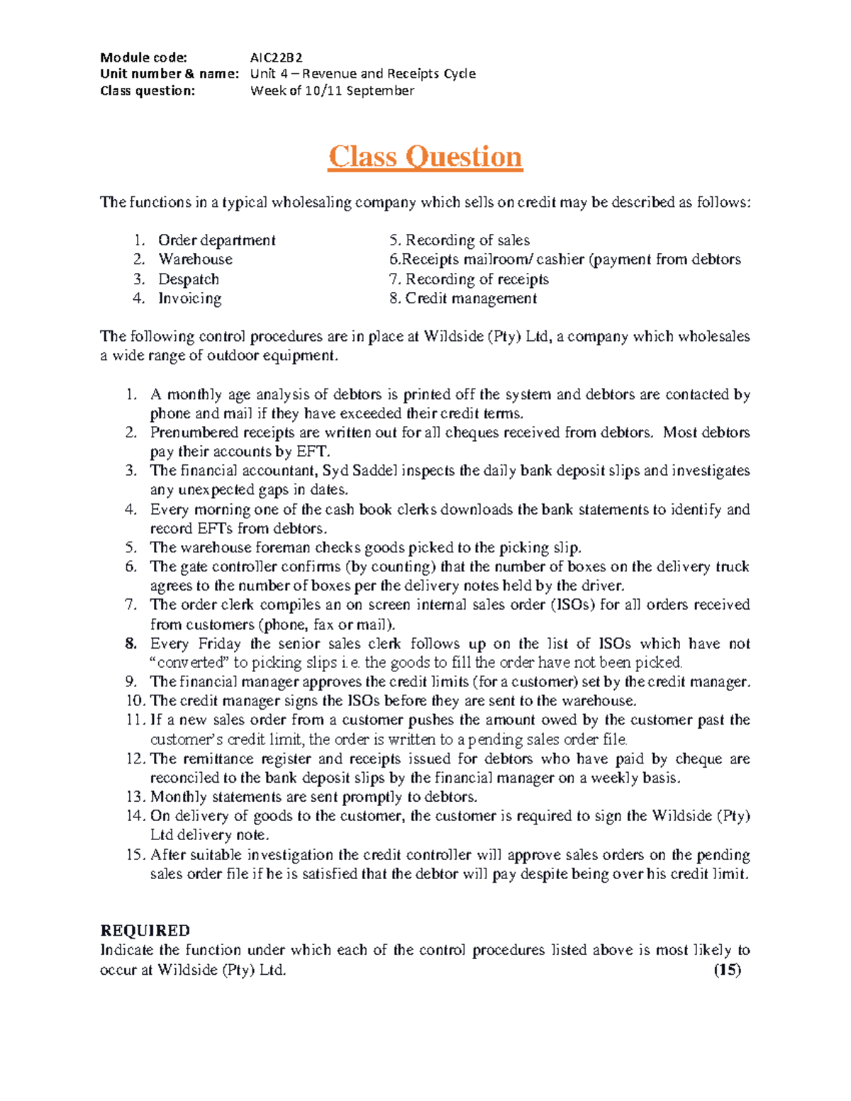 AIC2B Week 1 Class question and Memo - Module code: AIC22B Unit number & name: Unit 4 – Revenue ...