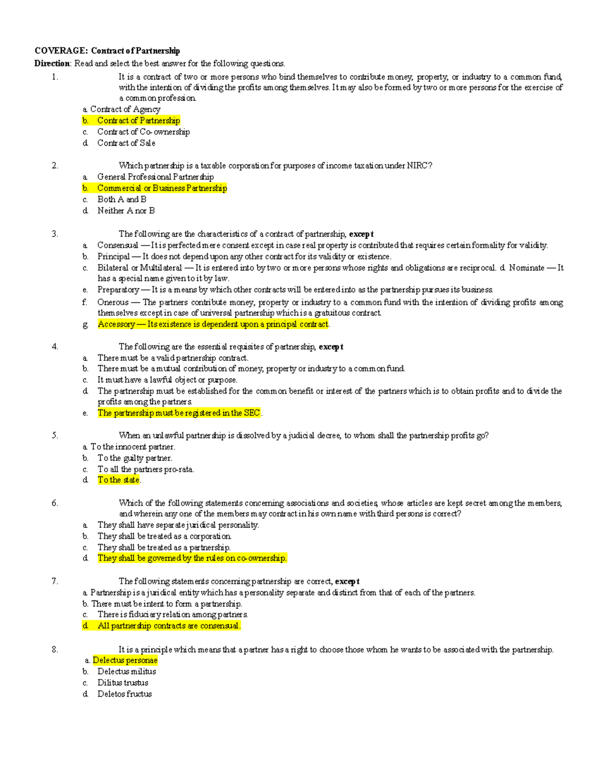 Law on Partnership questions - COVERAGE: Contract of Partnership ...
