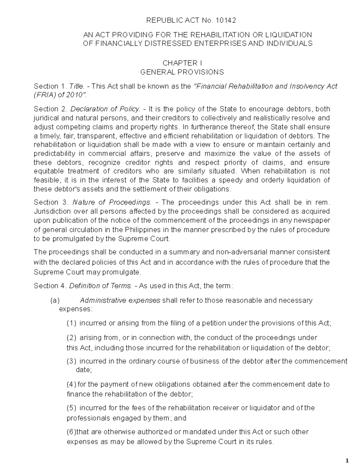 RA 10142 Rehab Law - Business Law - REPUBLIC ACT No. 10142 AN ACT ...