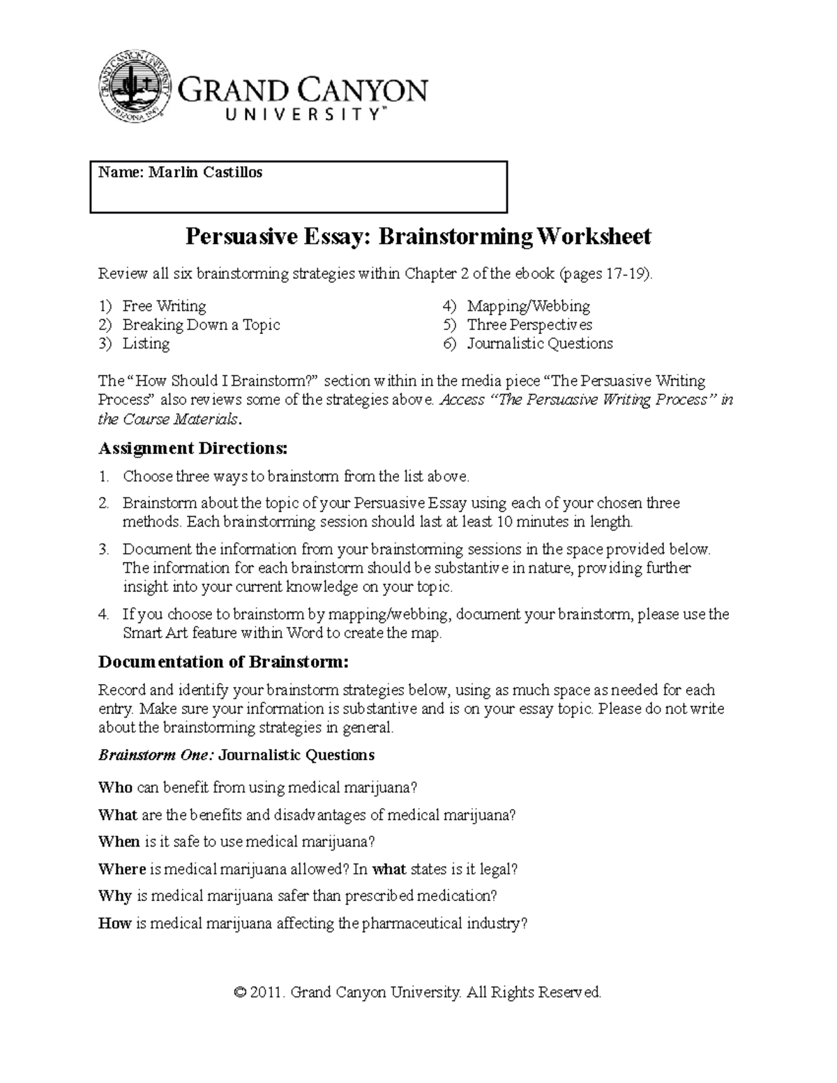 PHI105 T2 Brainstorming Worksheet (fin) - Name: Marlin Castillos ...