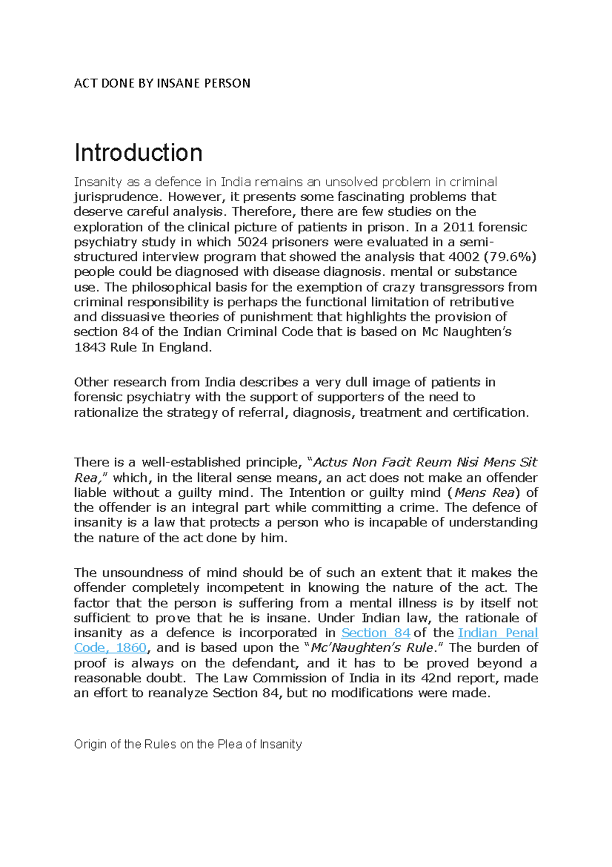 Act sone by insane person - ACT DONE BY INSANE PERSON Introduction ...