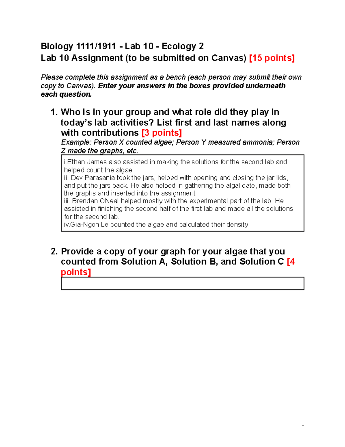 Lab 10 - Ecology 2 - Assignment - Biology 1111/1911 - Lab 10 - Ecology 2 Lab 10 Assignment (to ...