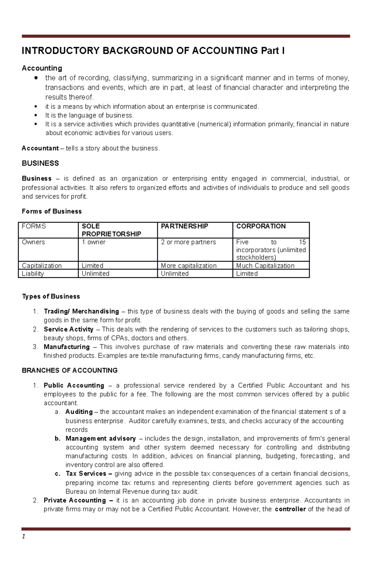 Introductory Background OF Accounting PART I - INTRODUCTORY BACKGROUND ...