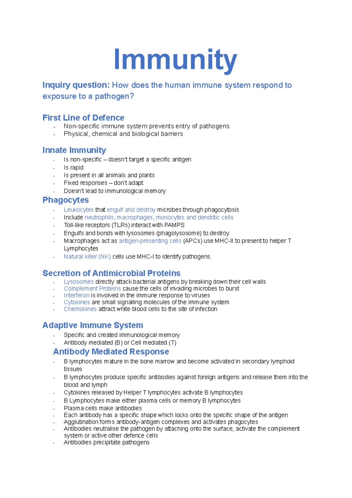Brief Overview on Immunity - Immunity Inquiry question: How does the ...