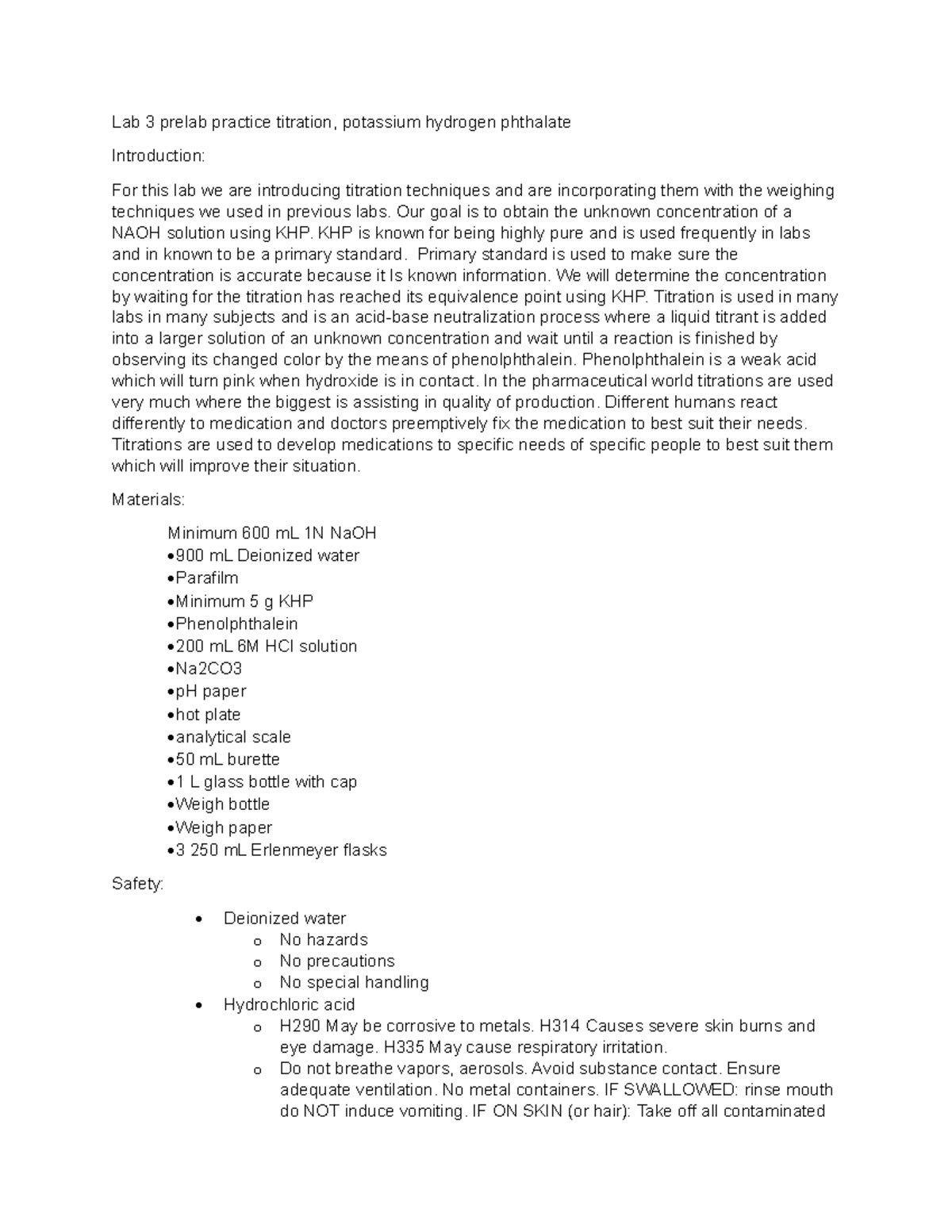 Lab 3 prelab practice titration - Our goal is to obtain the unknown ...
