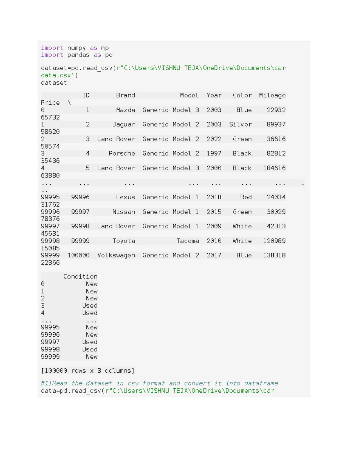 22eg107a11 dwv - good - import numpy as np import pandas as pd dataset=pd_csv(r"C:\Users\VISHNU ...