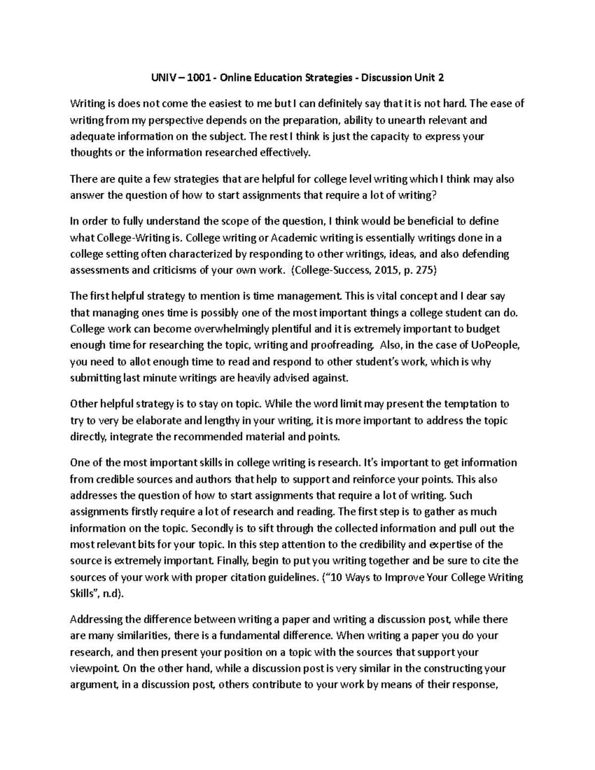 Discussion Forum - Unit 2 - Online Learning Strategies - UNIV – 1001 ...