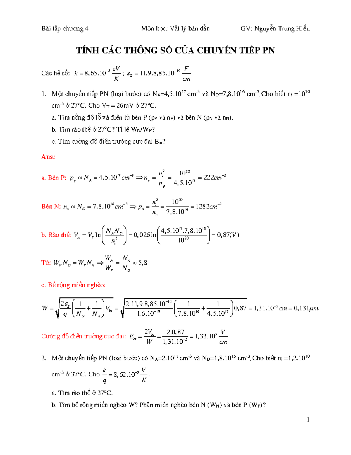 Exercise-chapter-4-1 - Ans - TÍNH CÁC THÔNG SỐ CỦA CHUYỂN TIẾP PN Các hệ số: 5 8, 65. eV k K − ...