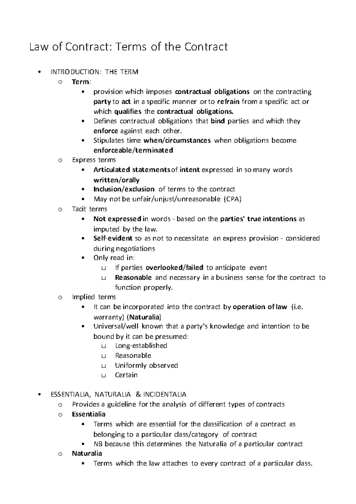 Law of Contract Terms of the Contract - Defines contractual obligations ...