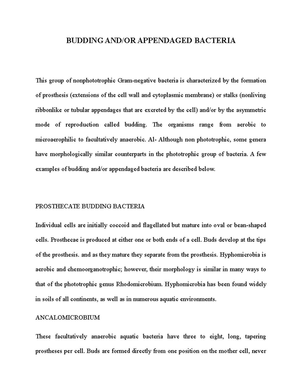 Budding Andor Appendaged Bacteria - BUDDING AND/OR APPENDAGED BACTERIA ...