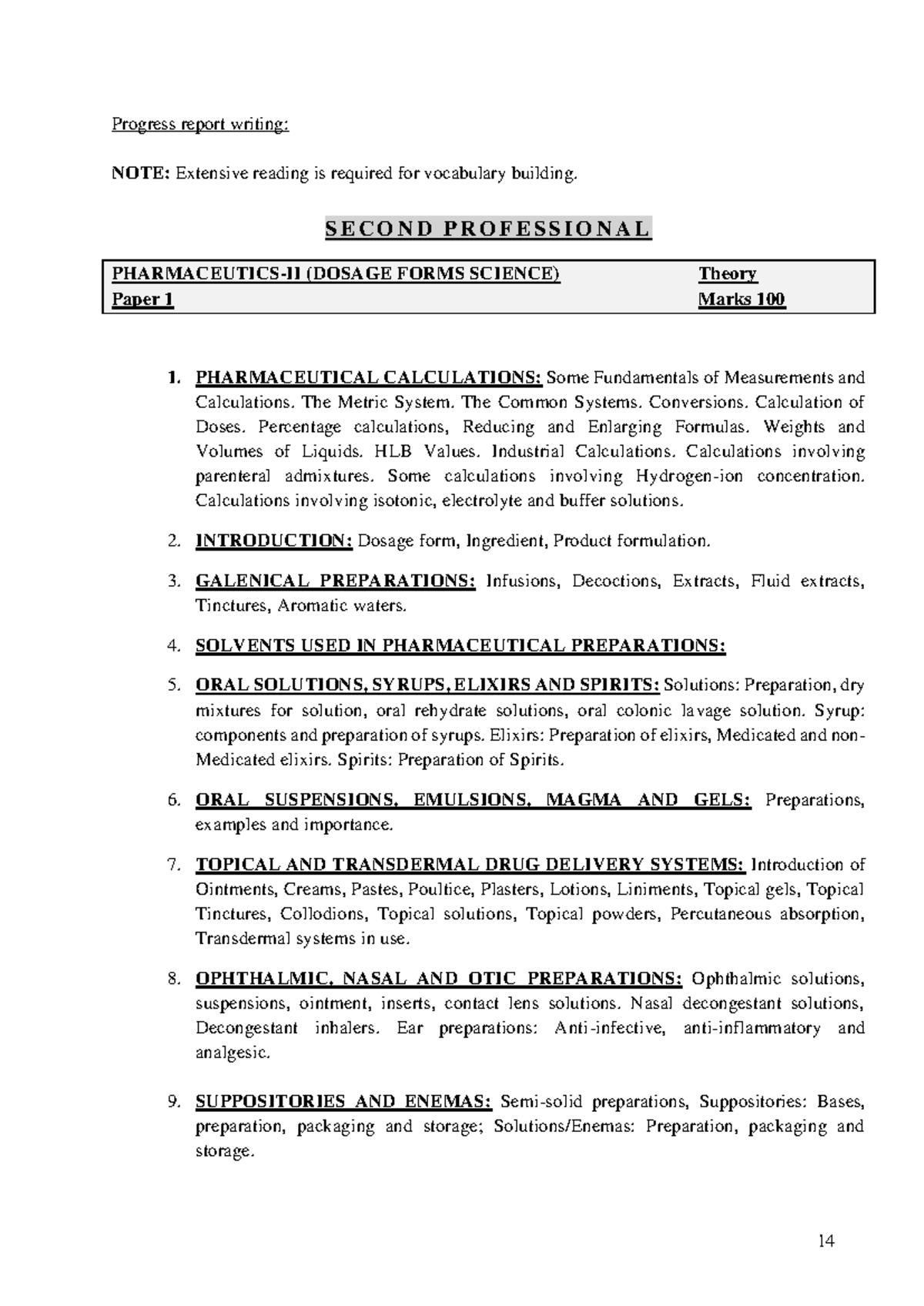 Pharm D 2nd Proff syllabus - Progress report writing: NOTE: Extensive ...