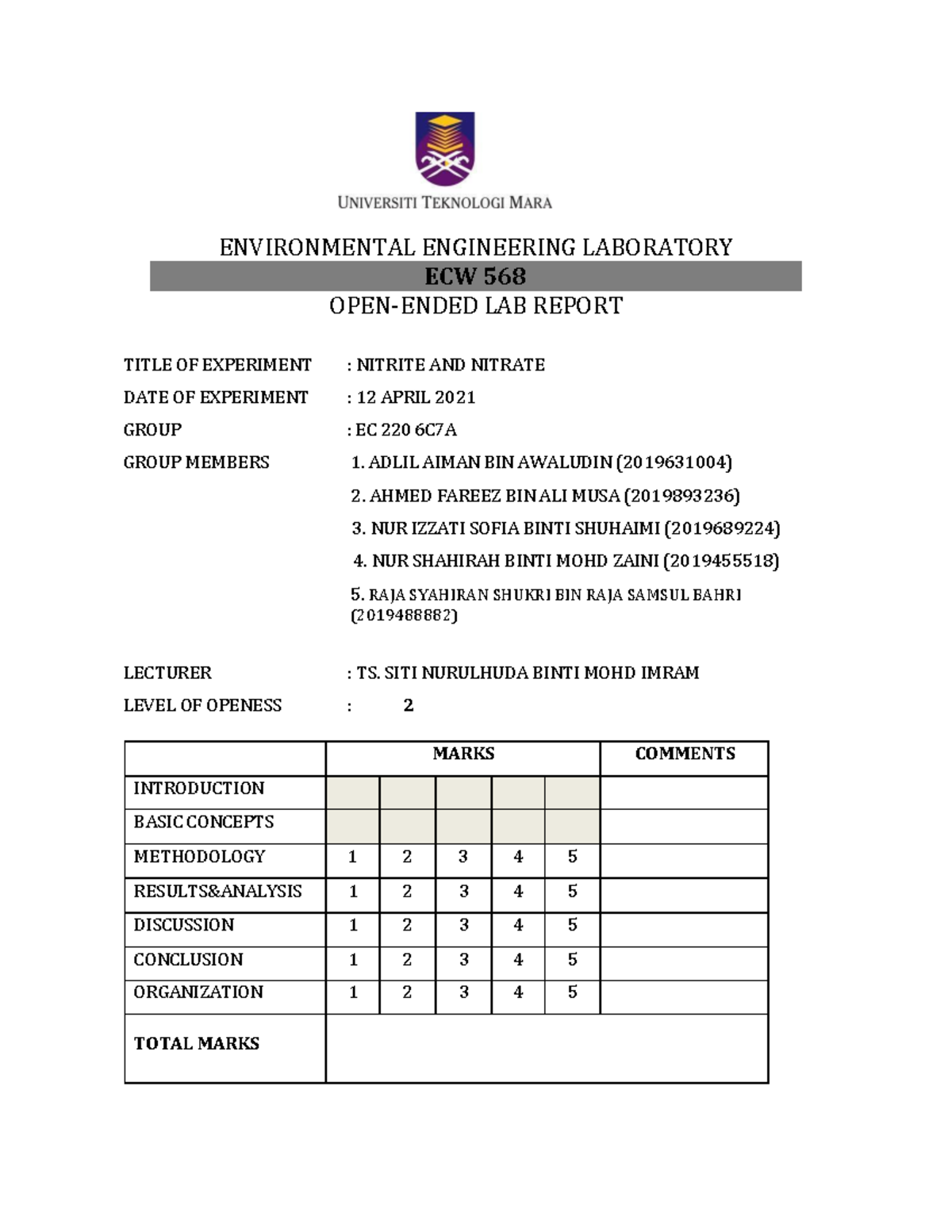 6C7A LAB Nitrite & Nitrate - ENVIRONMENTAL ENGINEERING LABORATORY ECW ...