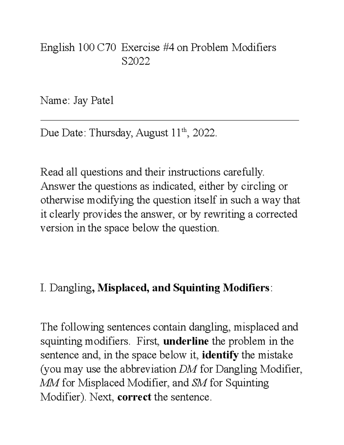 Grammer 1 - Grammar assesment - English 100 C70 Exercise #4 on Problem ...