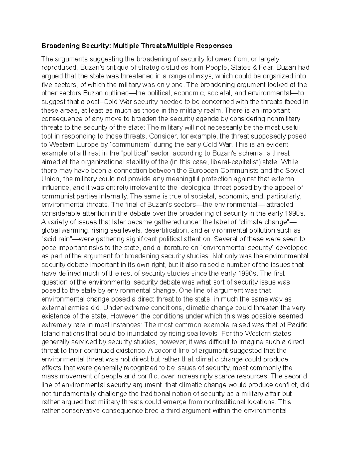 Broadening Security - Buzan had argued that the state was threatened in ...