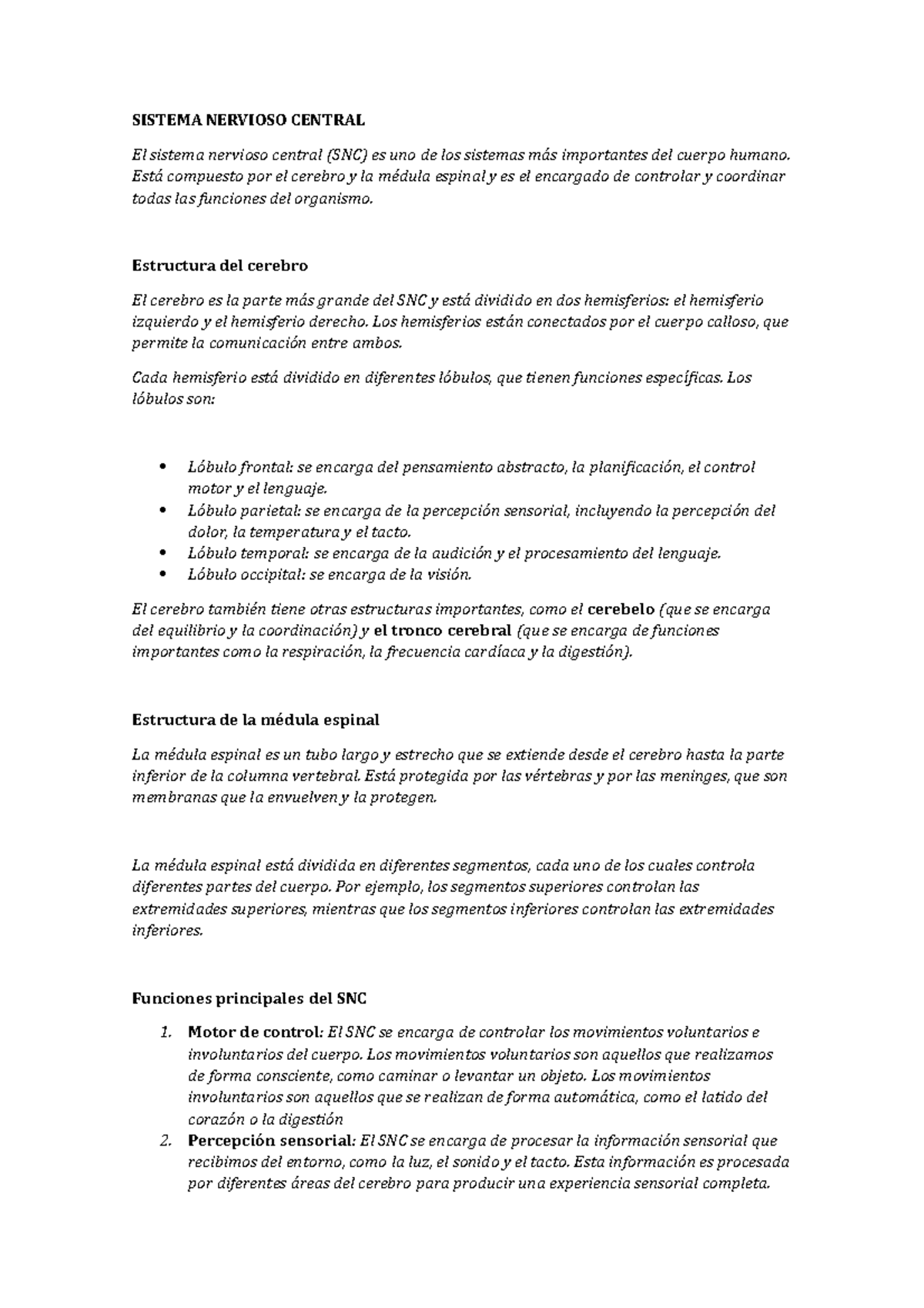 Sistema Nervioso Central-SNC - SISTEMA NERVIOSO CENTRAL El sistema ...