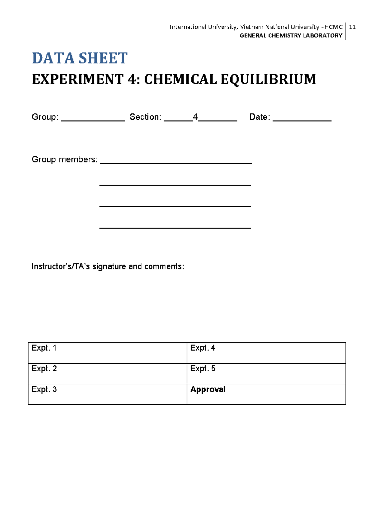 Data-Sheet-4 - GENERAL CHEMISTRY LABORATORY DATA SHEET EXPERIMENT 4 ...