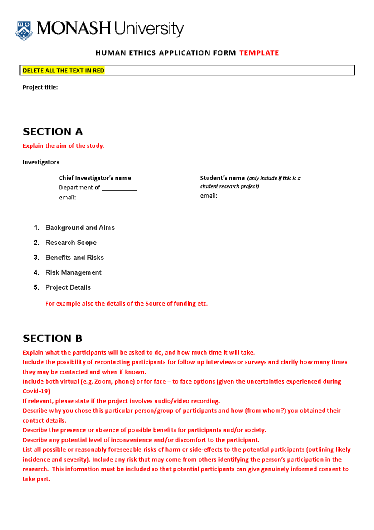 Template Ethics FORM to be submitted to Monash University - HUMAN ...