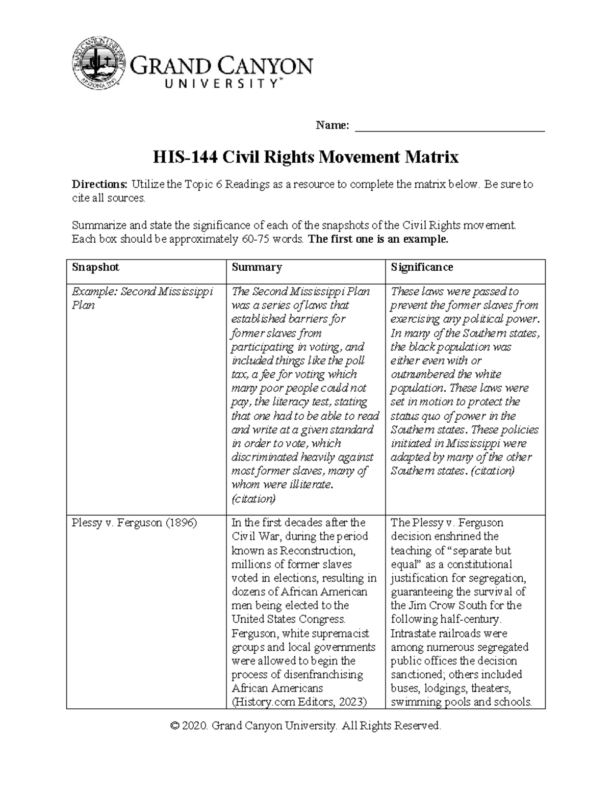HIS-144-T6 Civil Rights Movement Matrix Online - Name: HIS-144 Civil ...