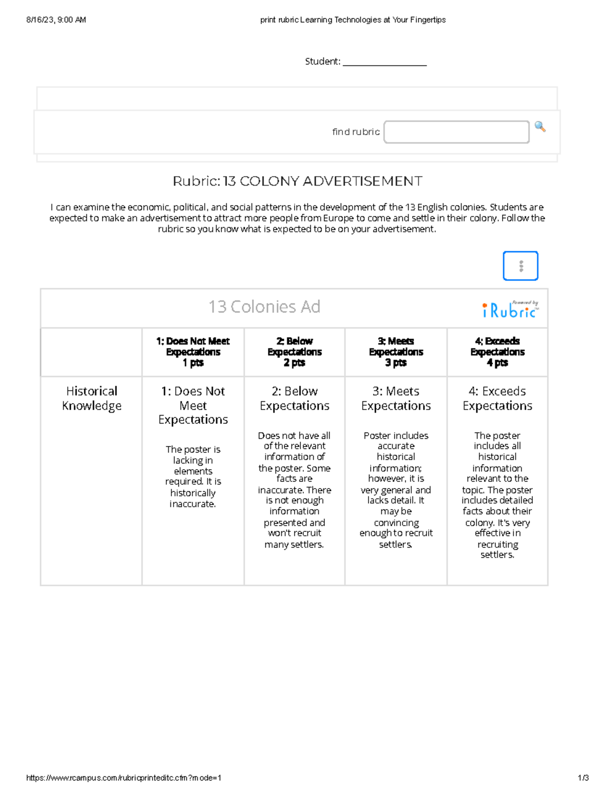 13 colonies rubric - 8/16/23, 9:00 AM print rubric Learning ...