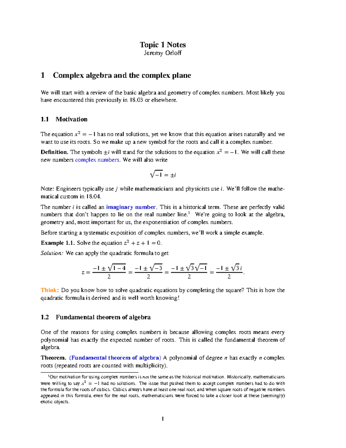 Topic 1 Complex Algebra AND THE Complex Plane - Topic 1 Notes Jeremy ...