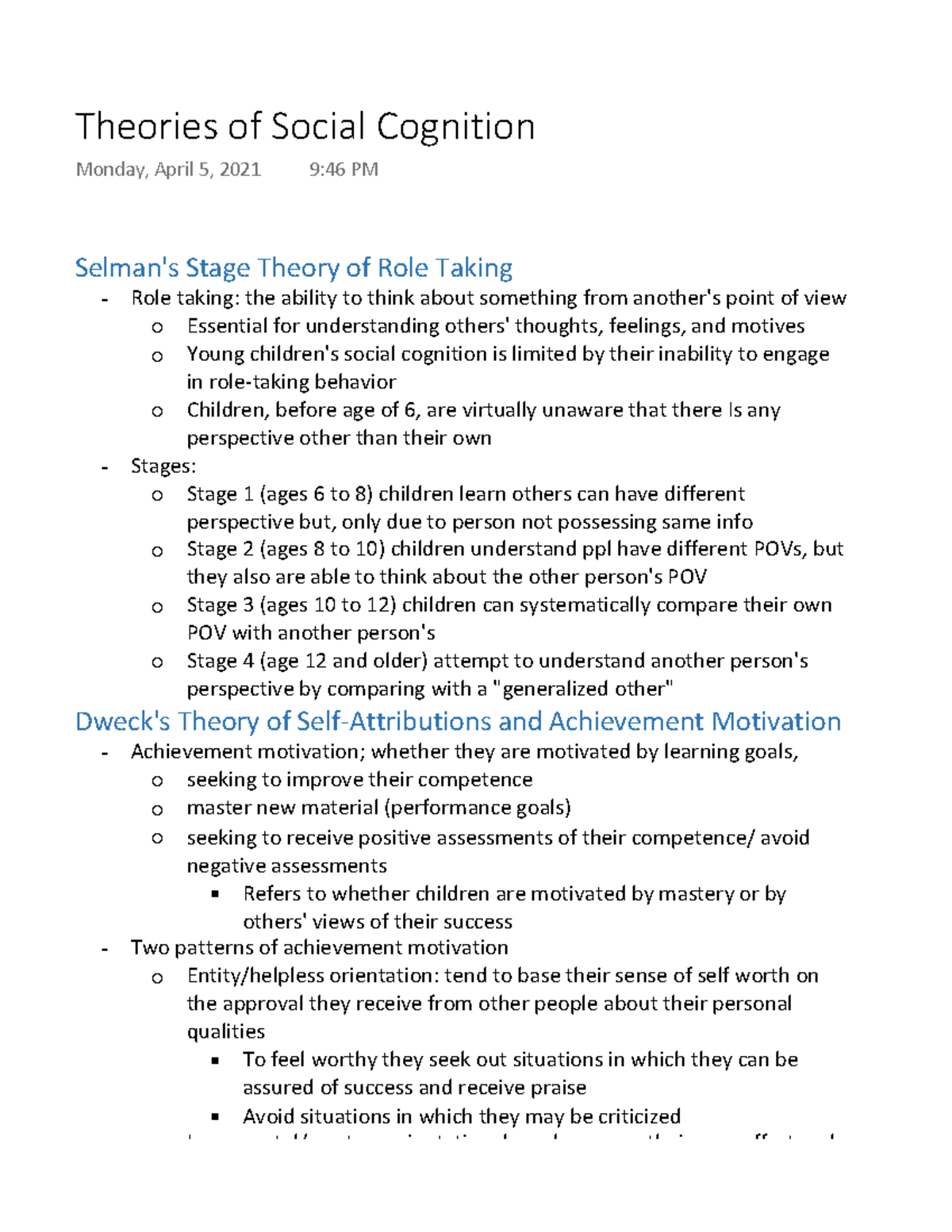 Theories of Social Cognition - Selman's Stage Theory of Role Taking ...