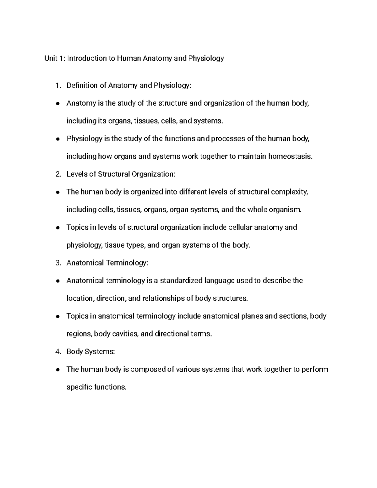 Unit 1 Introduction to Human Anatomy and Physiology - Unit 1 ...