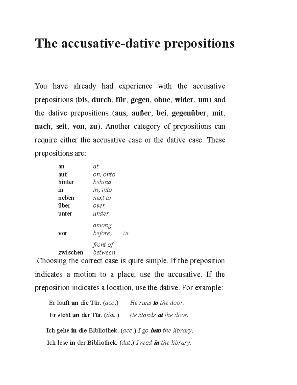 The accusative - Lecture notes 4 - The accusative-dative prepositions ...