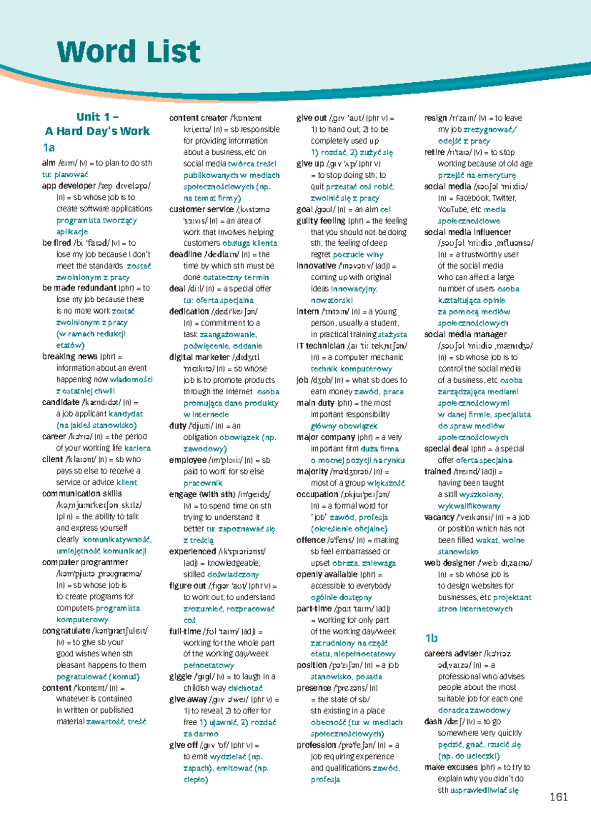 1 new enterprise 2 word list - Unit 1 – A Hard Day's Work 1a aim \eIm ...