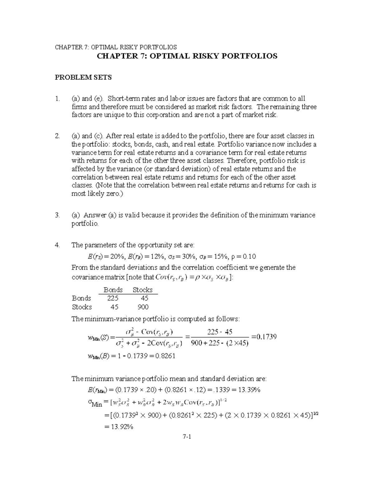 BKM 11e Chap007 SM Final corrected - CHAPTER 7: OPTIMAL RISKY PORTFOLIOS PROBLEM SETS 1. (a) and ...