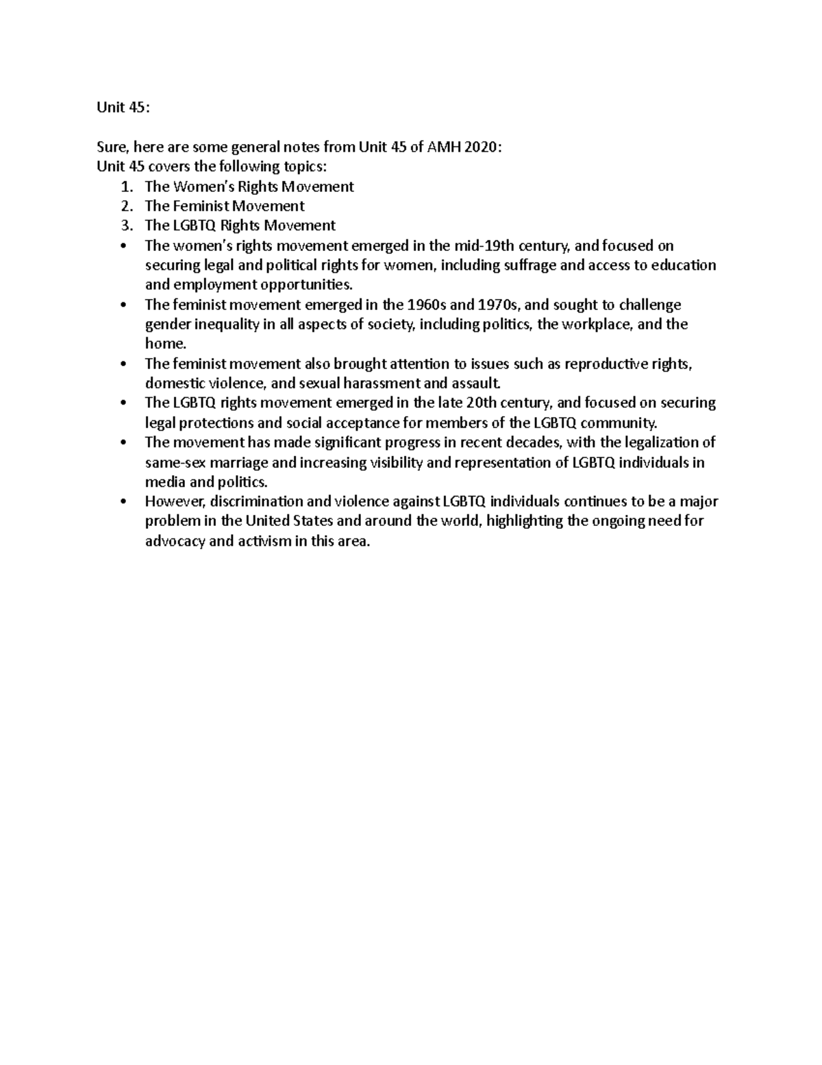 Unit 45 - Unit 45 Notes AMH - Unit 45: Sure, here are some general ...
