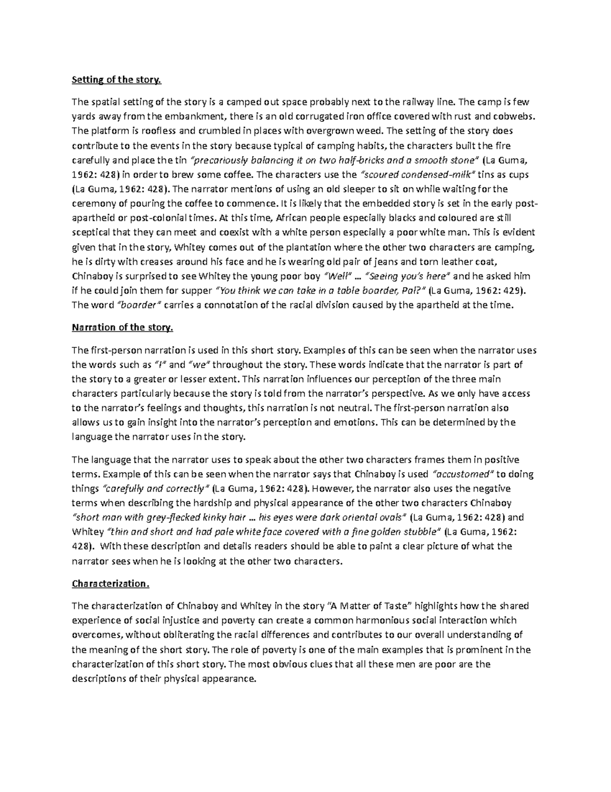 A Matter of Taste - short story - Setting of the story. The spatial ...