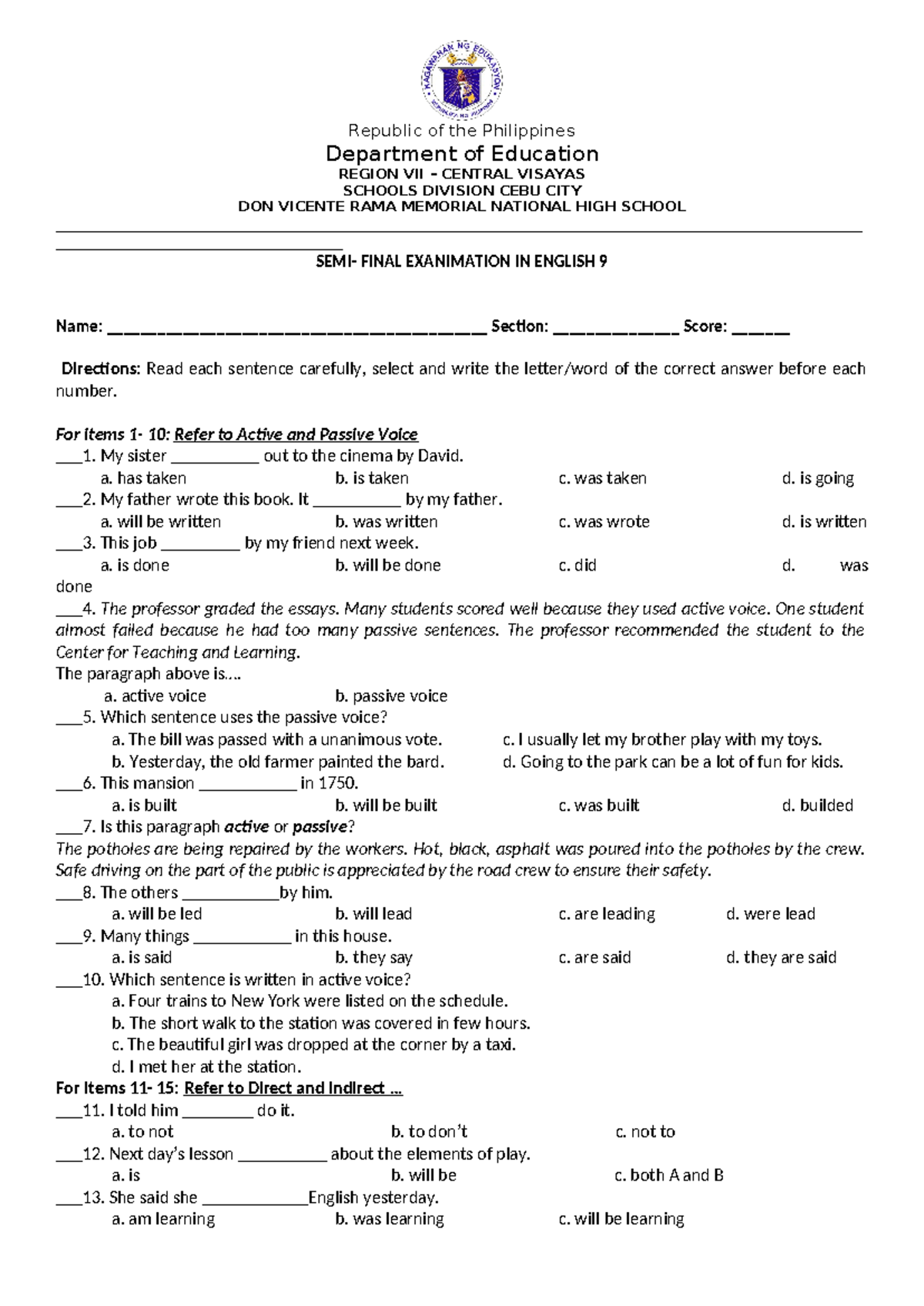 SEMI Final Examination IN Grade 9 2023 2 - Republic of the Philippines ...