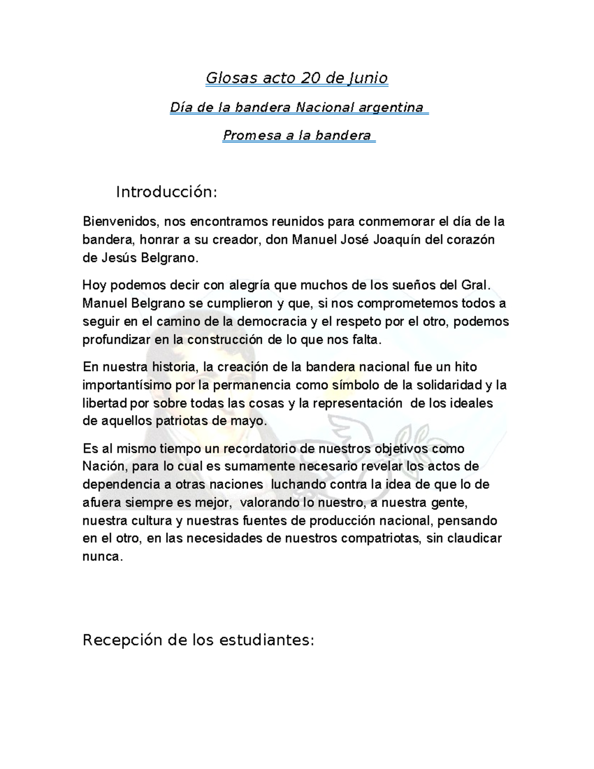 Glosas acto 20 de Junio-2 - Glosas acto 20 de Junio Día de la bandera Nacional argentina Promesa ...