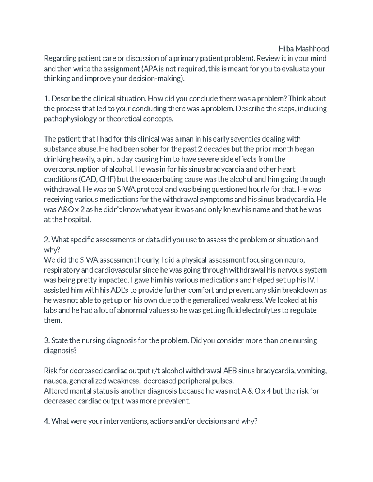 Reflection of clinical day questions 1-8 - NUR128 - WCC - Studocu