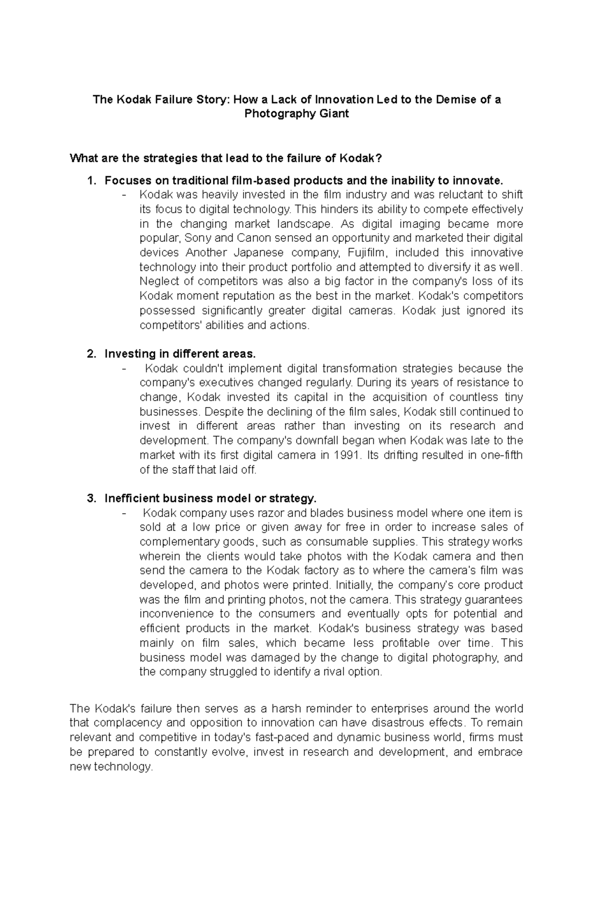 Strtman 576 Kodak'S CASE - The Kodak Failure Story: How a Lack of ...