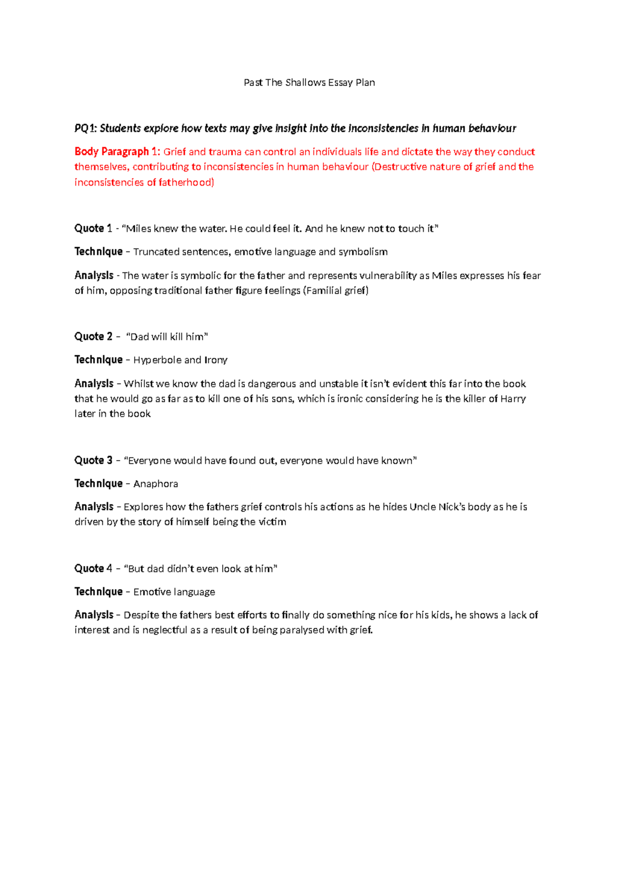 Past The Shallows Essay Plan - He could feel it. And he knew not to ...